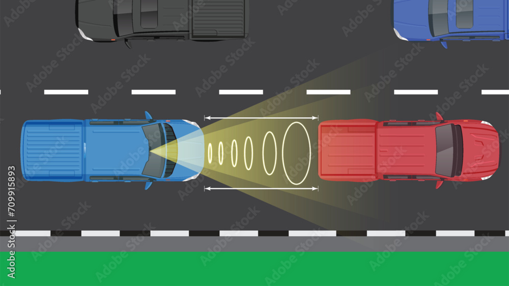 top view flat cartoon of car vehicle high end sensor radar autonomous ...
