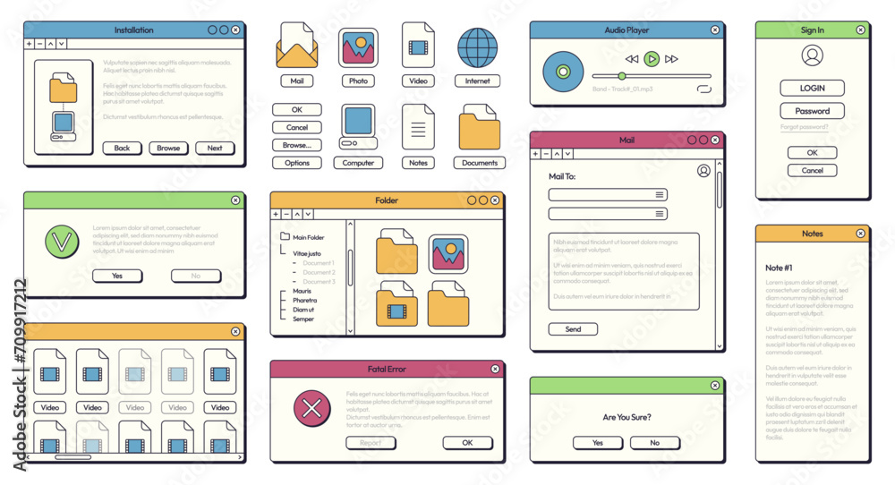 Computer 90s UI. Retro 80s and 90s style GUI panels with buttons and ...