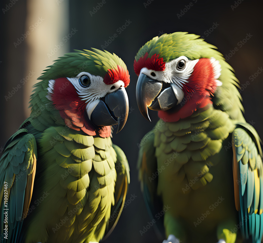 Pair of birds, green parrot Military Macaw, Ara militaris, Costa Rica. two scarlet macaws on a ...