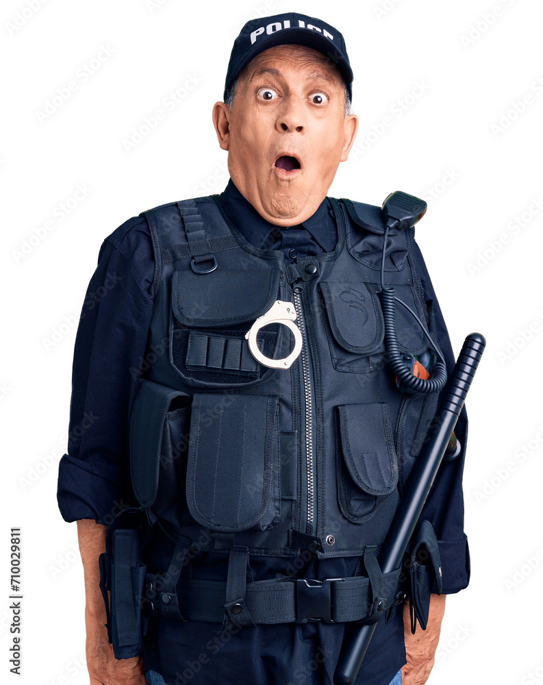 Senior handsome man wearing police uniform scared and amazed with open ...