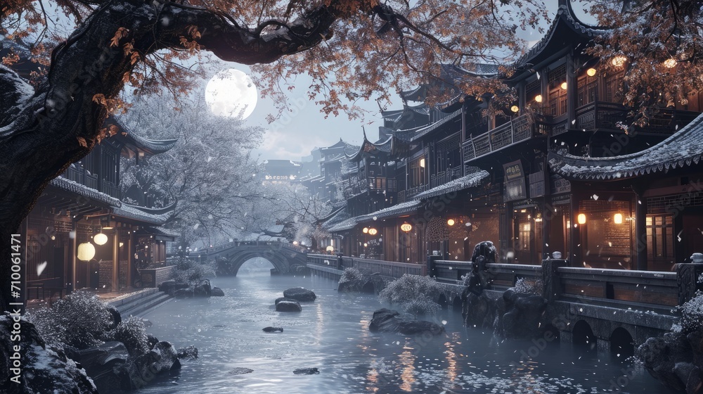 Surreal CG rendering of a small stream in a water city in Jiangnan ...