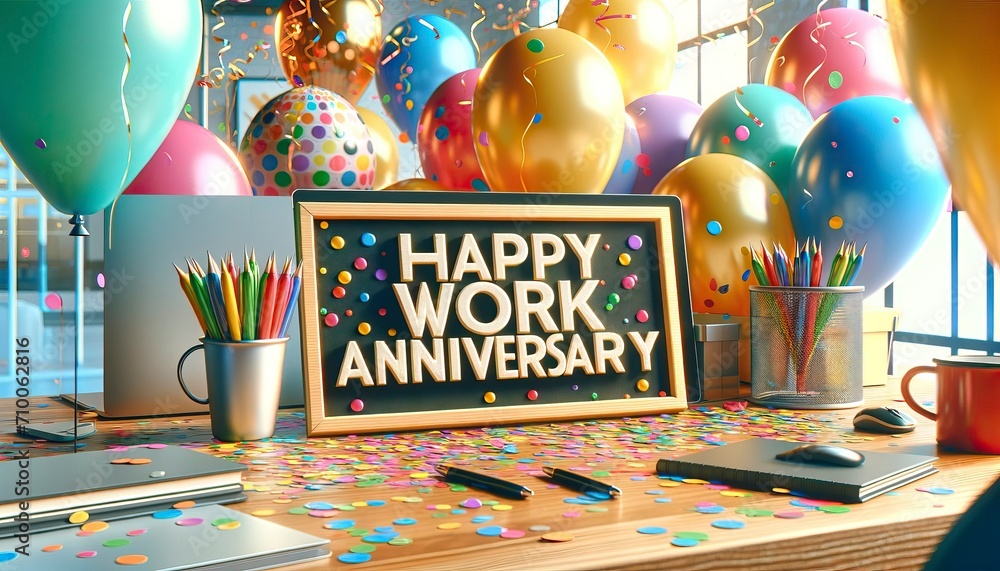 Celebratory Office Desk Decorated with Sign Happy Work Anniversary ...