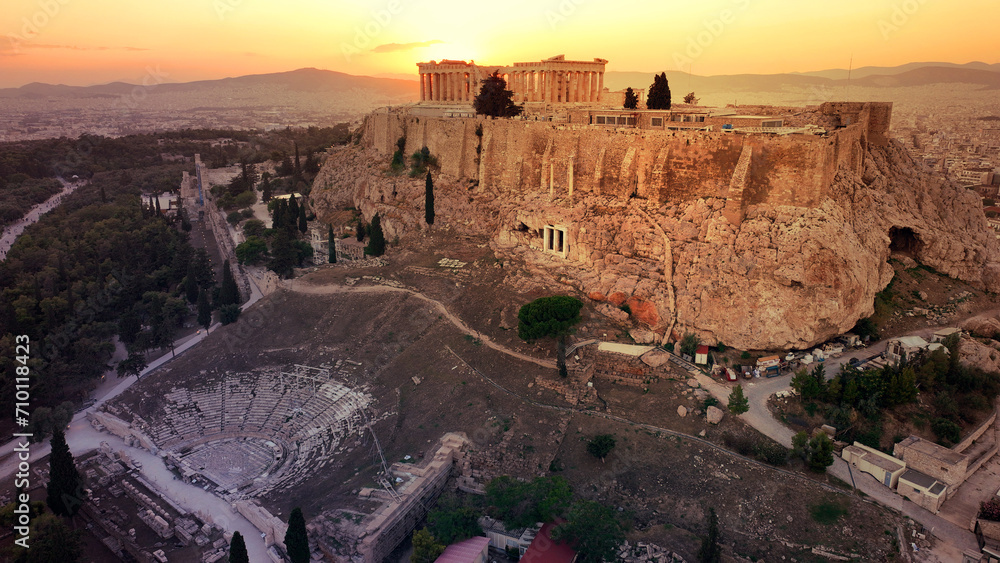 Aerial drone photo of iconic Acropolis hill and the unique masterpiece of Ancient world the ...