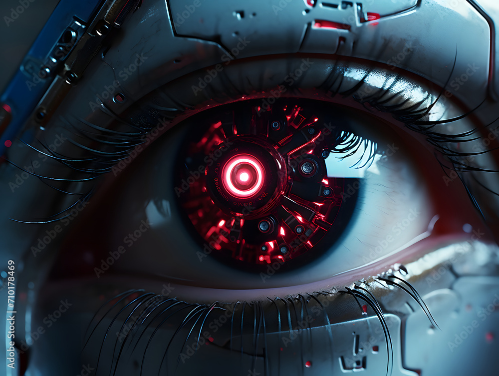Through the lens of a screenshot, a robot eye captures the intricacies of artificial ...