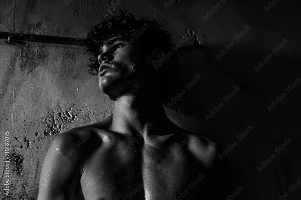 A solitary figure stands against the starkness of a black wall, his ...
