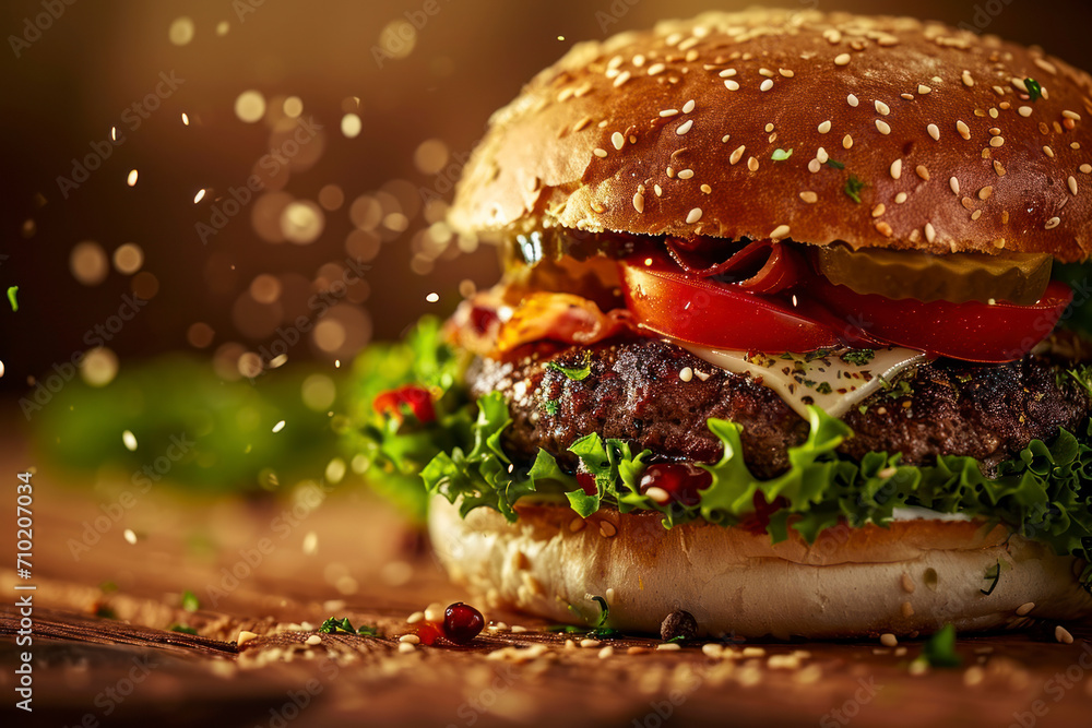 Gourmet burger assembly, a dynamic image showcasing the meticulous ...
