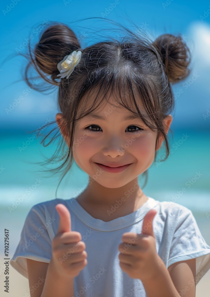 little girl giving thumbs beach full face closeup portrait korean idol ...