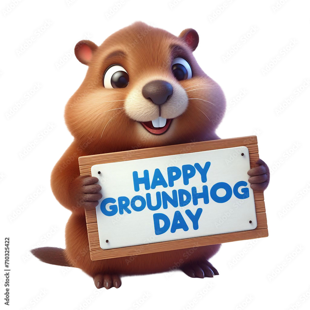 Detailed 3D Cartoon Groundhog Holding Signboard with 'Happy Groundhog ...