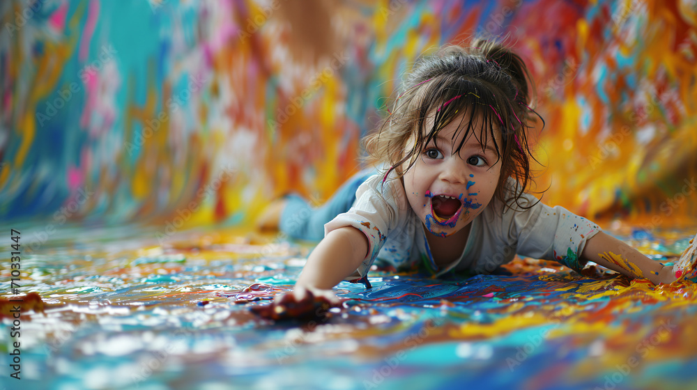 Careless little kid accidently spilling paint on the floor creating ...