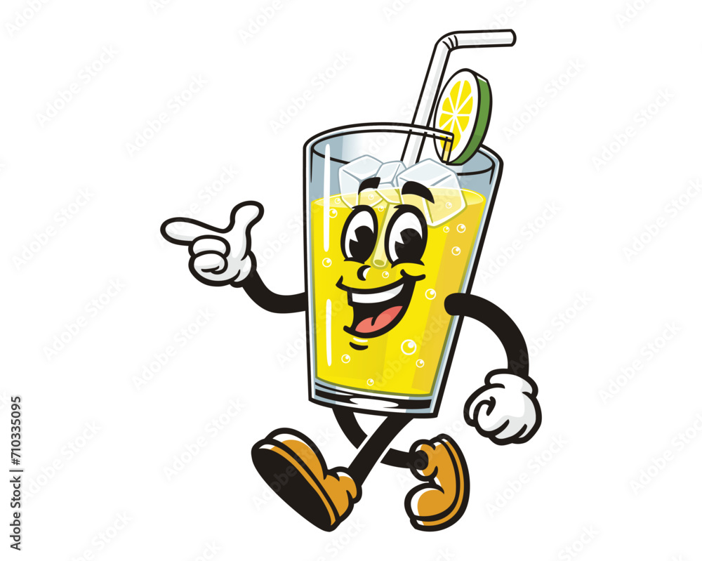 walking Glass of lemonade Lemon drink with pointing hand cartoon mascot ...