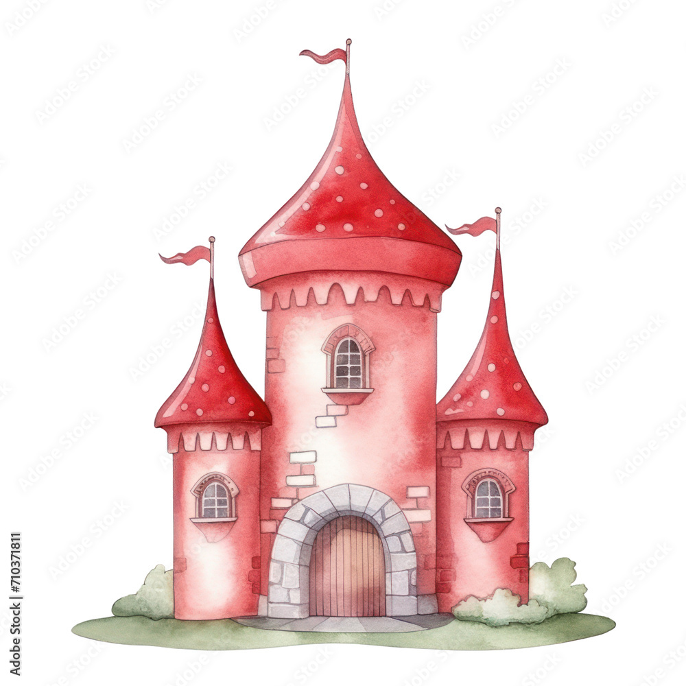 Watercolor illustration of red castle isolated on background ...