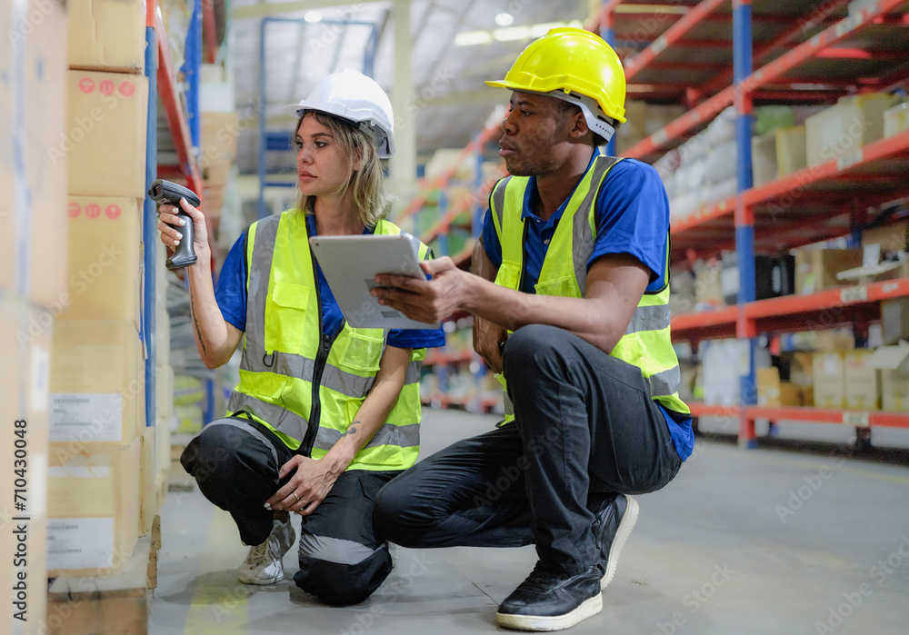 Distribution warehouse worker scanning bar code examining inventory in ...