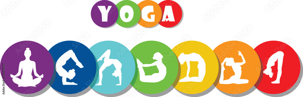Colourful yoga set on white background. Yoga poses, asana and yoga word ...