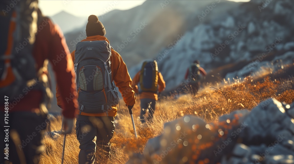 Hikers trekking and walking through a beautiful mountain range showing ...