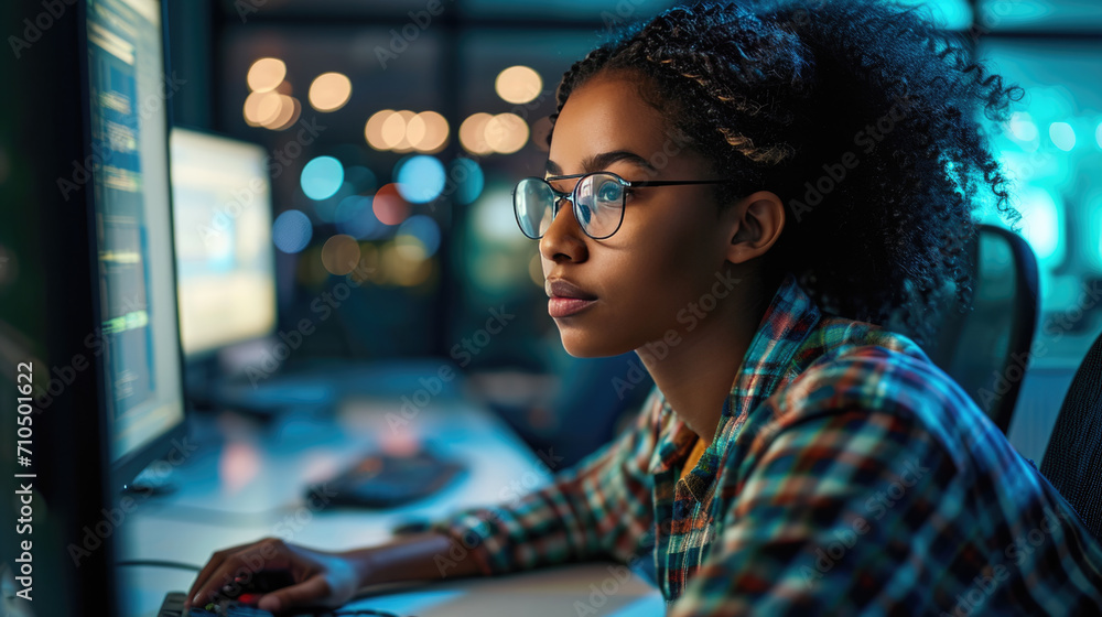 Focused female programmer working in a dark office environment, typing intently on a keyboard ...