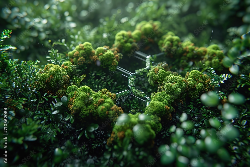 the h2o molecule in the mosscovered forest, in the style of fragmented ...