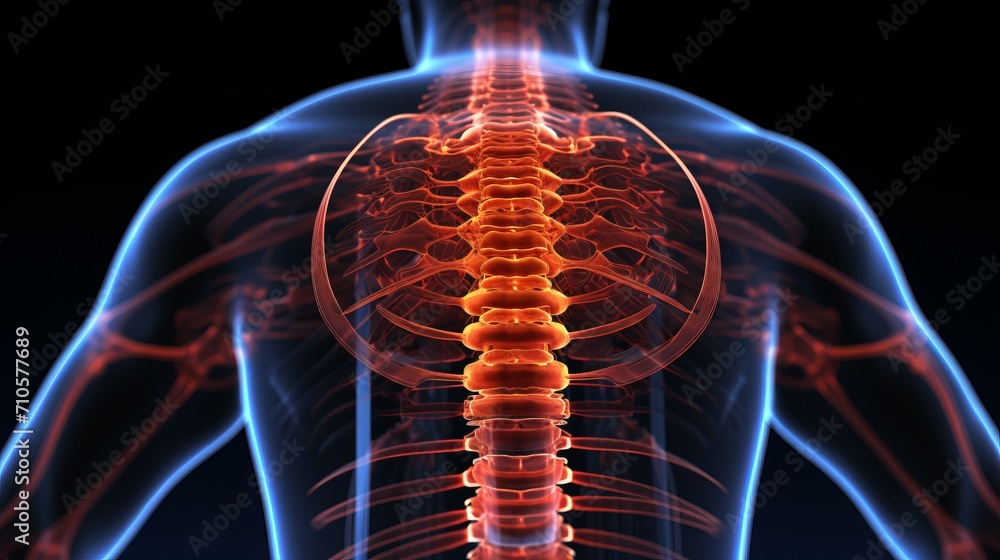 Inflamed lumbar spine in male anatomy medical illustration of lower ...