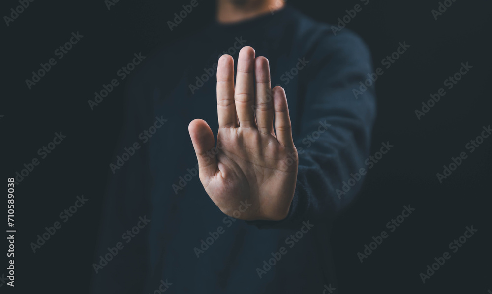 person's hand showing palm gestures stop concepts of violence, warning ...