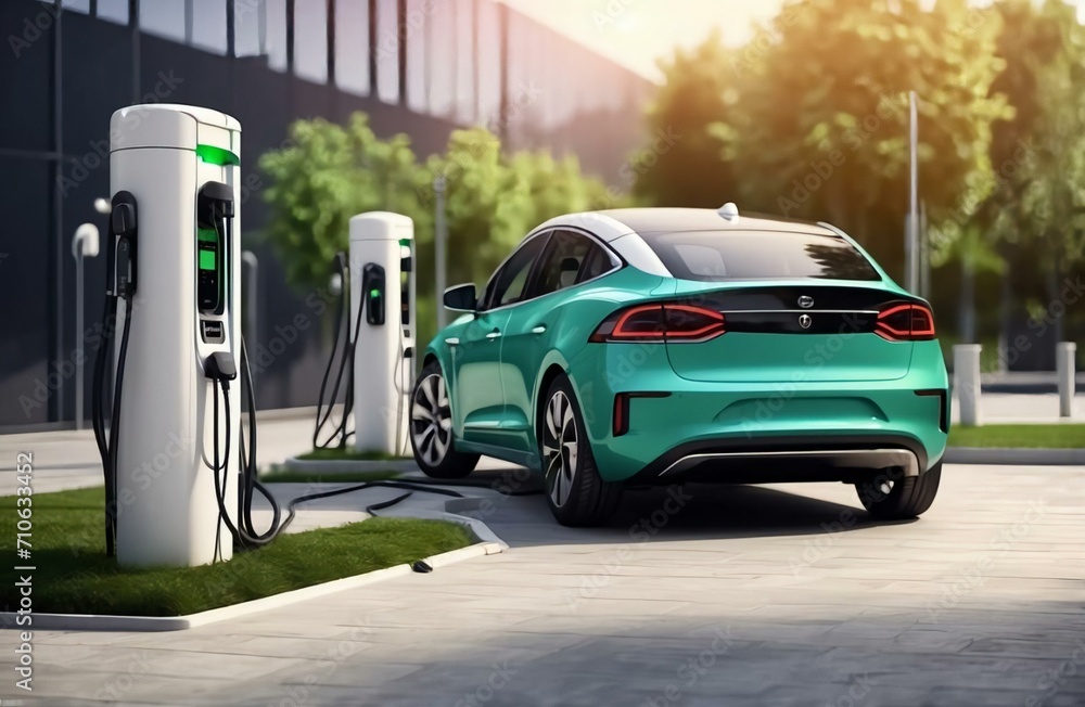 Car charging at electric car charging station. Electric vehicle charger station for charge EV ...