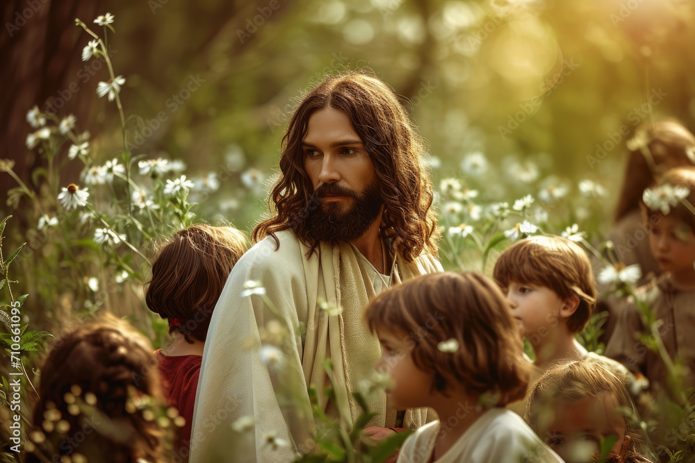 Jesus Christ and happy children Stock Illustration | Adobe Stock
