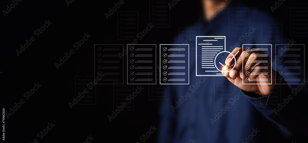 Performance checklist, businessman using checklist survey, filling out ...