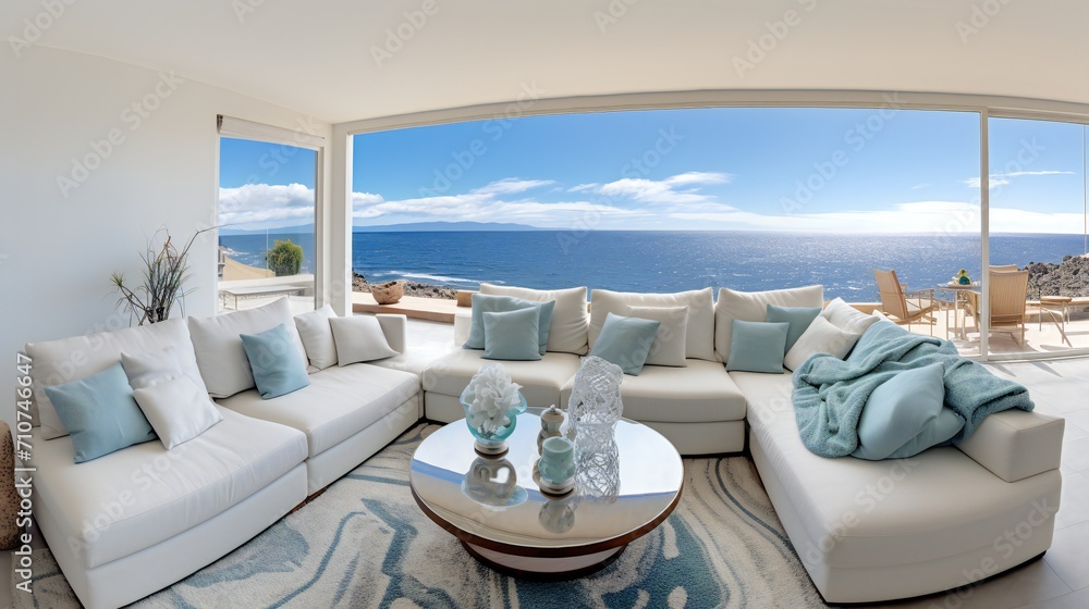Panoramic view of a well-appointed living room, featuring a plush couch ...