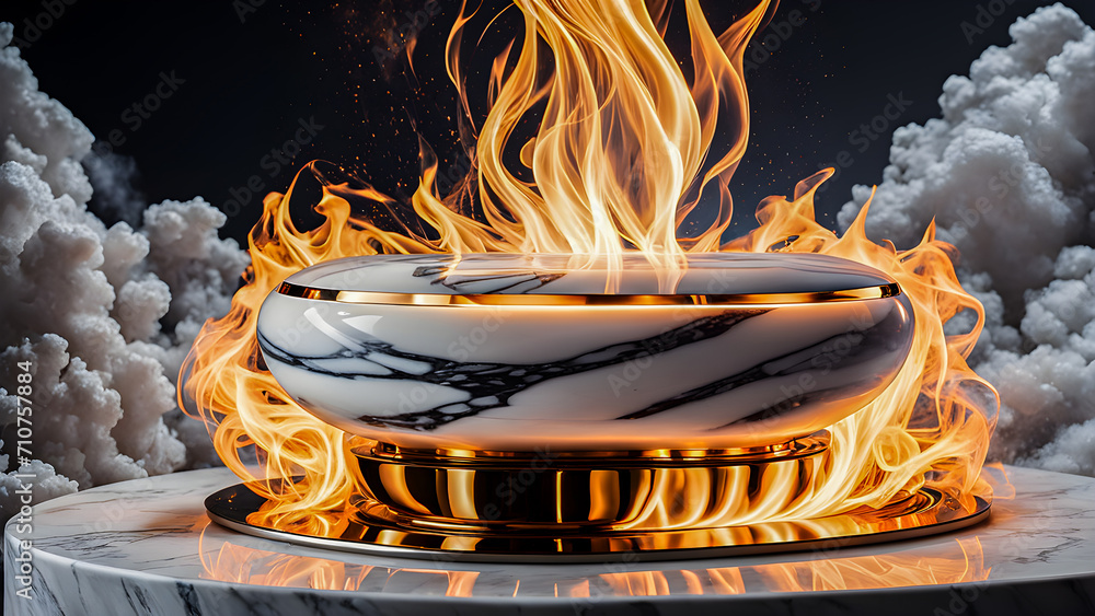 white marble pedestal surface reflects sparkling white water and a blank background with flames ...