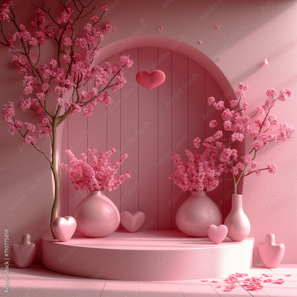 3d render, abstract background, minimal design, round podium, pink arch ...