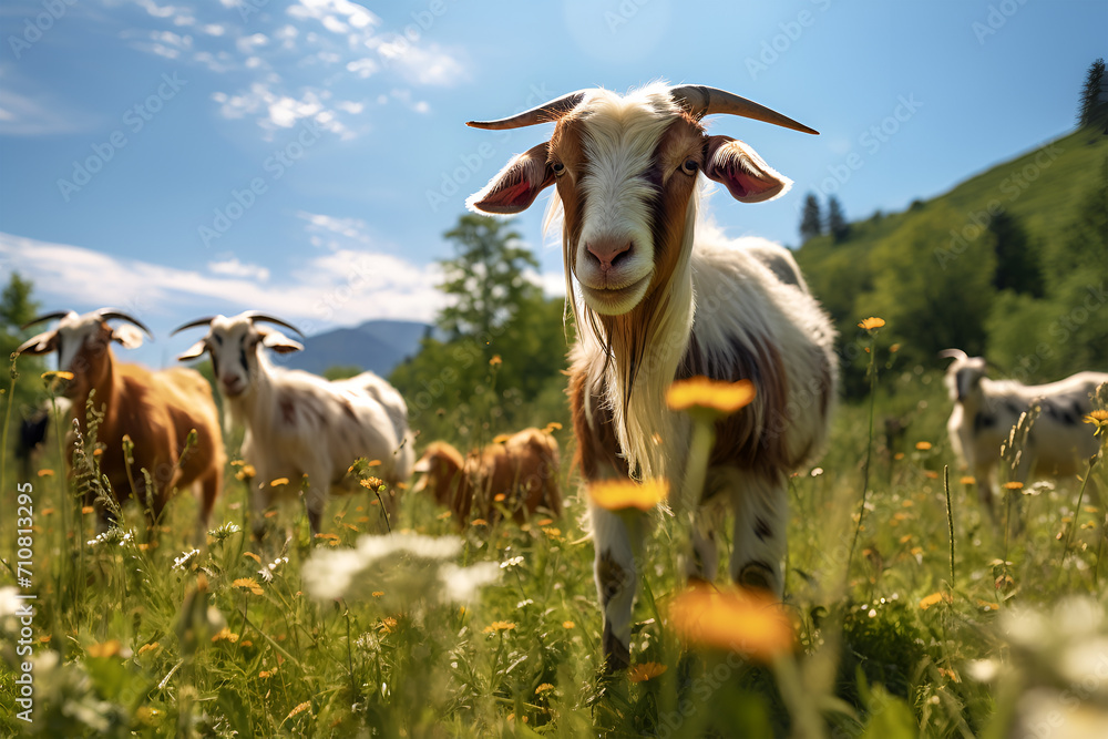 Cute goat relaxing in ranch farm in summer day. Domestic goats grazing ...
