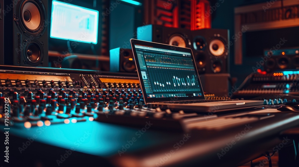 Imagine a visually captivating scene in a modern music record studio ...