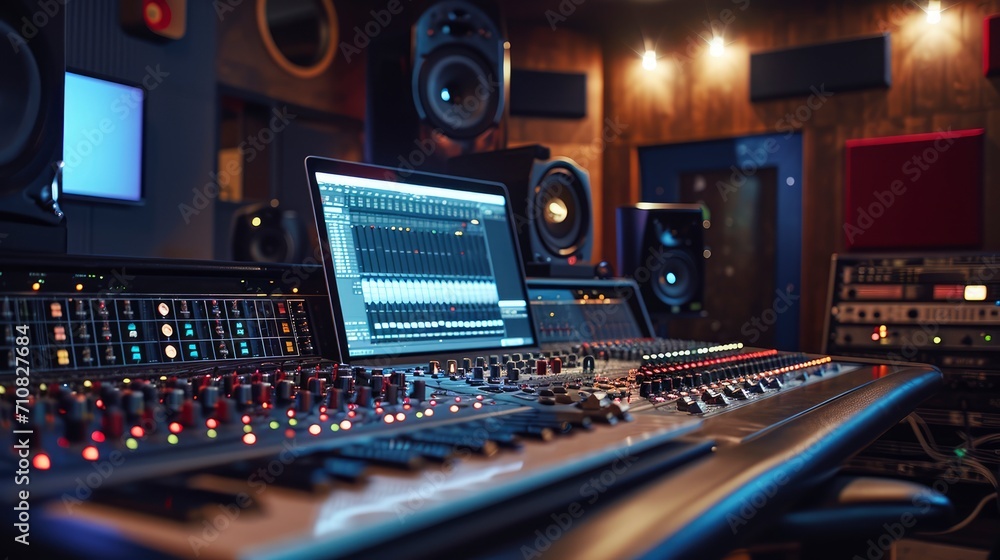 Imagine a visually captivating scene in a modern music record studio ...