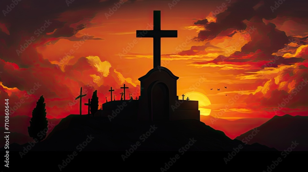 the clear and recognizable outline of the tomb and crucifix against the ...