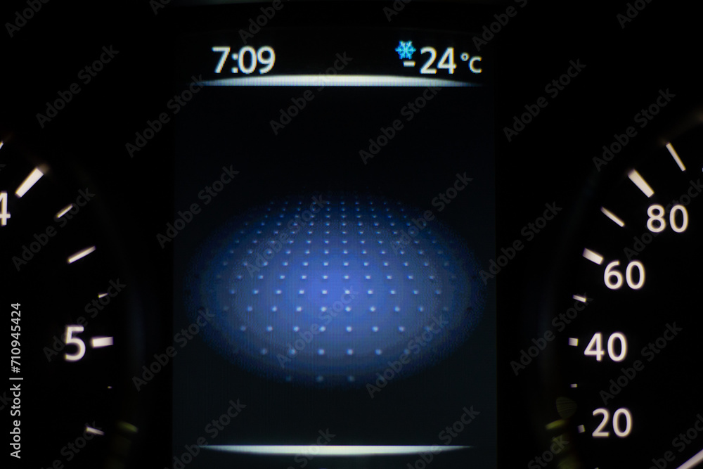 Car dashboard lights showing speed and temperature. Car instrument ...