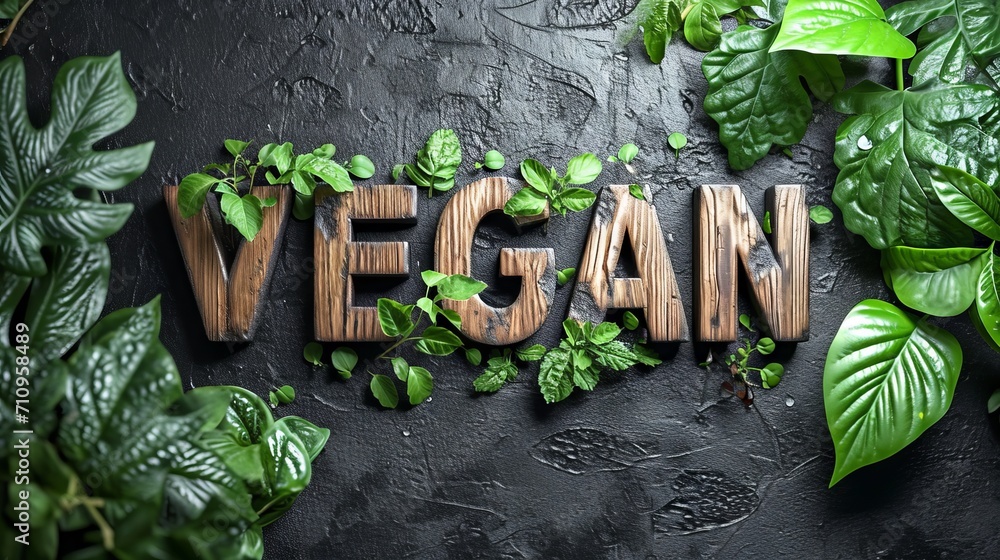 Wooden letters "VEGAN" on a background of tropical leaves. Concept ...