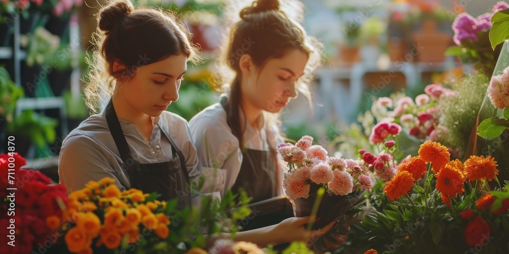 Two women are observing flowers in a flower shop. This image can be ...