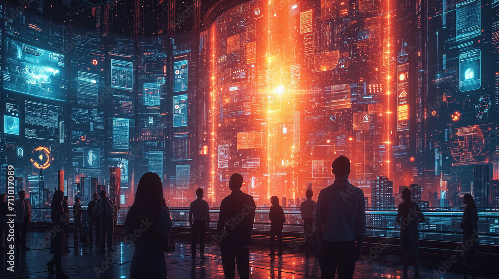 Illustration of futuristic business scene showcasing a diverse group of ...