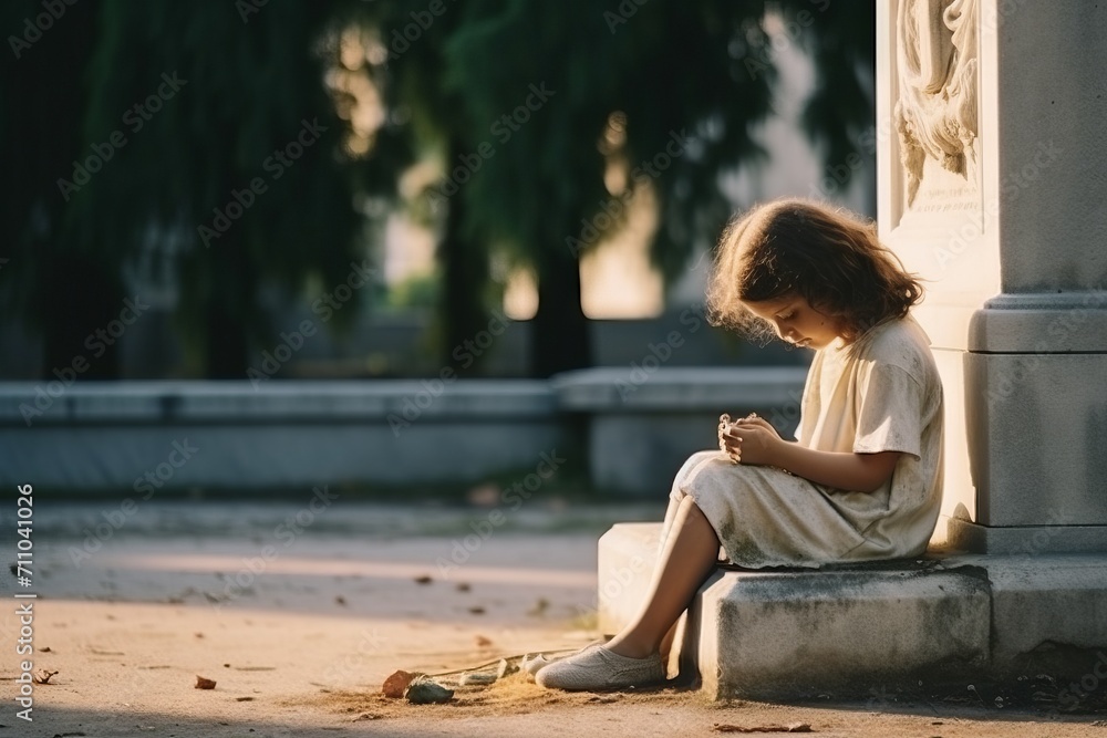 Sad child at a gravestone in a cemetery near a monument. Concept: grief ...