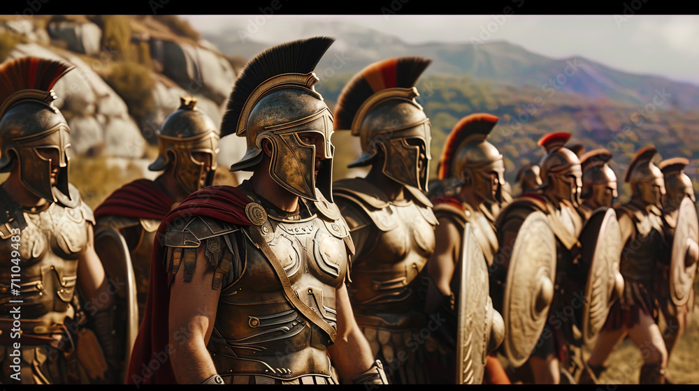 Illustration Stock Spartans, draped in iconic armor, move in lockstep ...