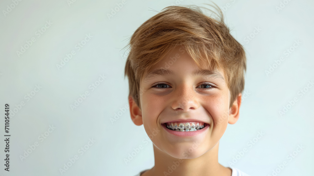 little smiling boy with metal braces on her teeth, bite correction ...