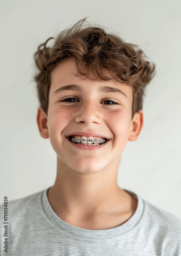 little smiling boy with metal braces on her teeth, bite correction ...