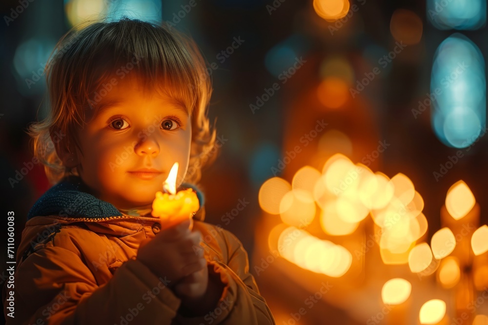 Photo Stock Kid holding lit candle with awe in eyes, in a church. Light ...