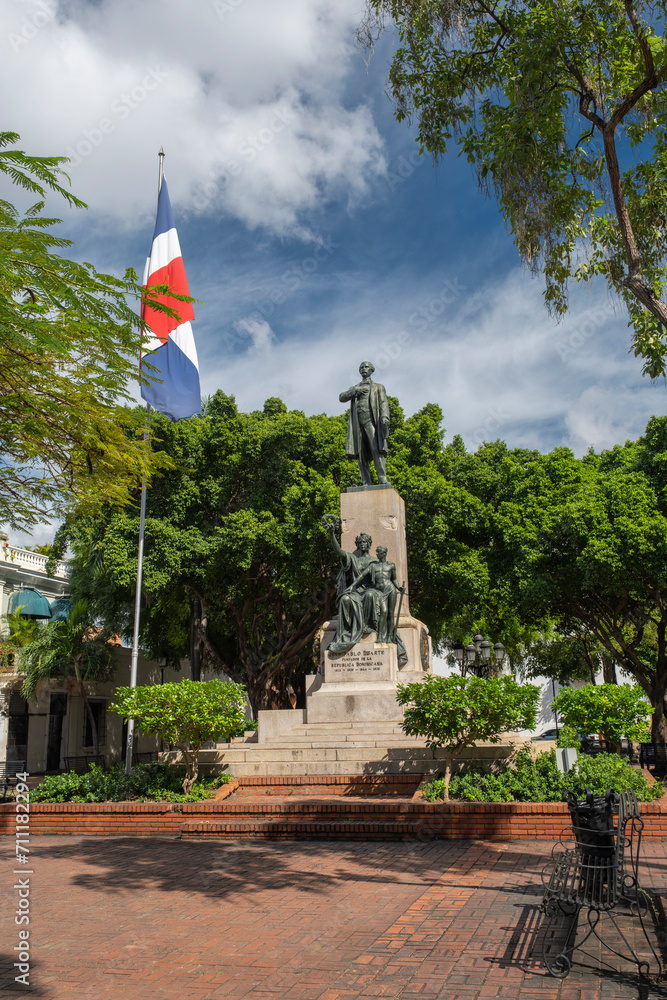 Statue of Juan Pablo Duarte nation's founding father and country's flag ...