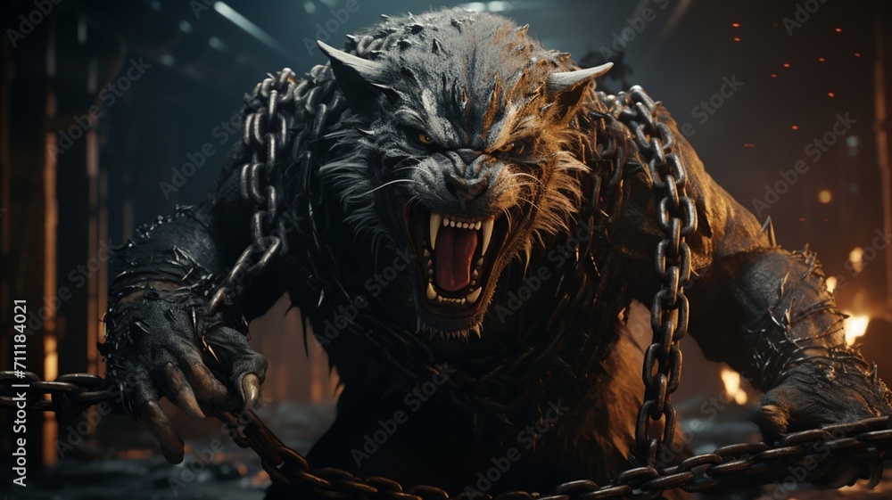 Fierce Tiger Roaring and Struggling Against Restraining Chains in a ...