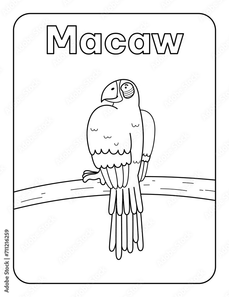 Coloring Page for Kids Coloring book Cute Cartoon Macaw Jungle Animals ...