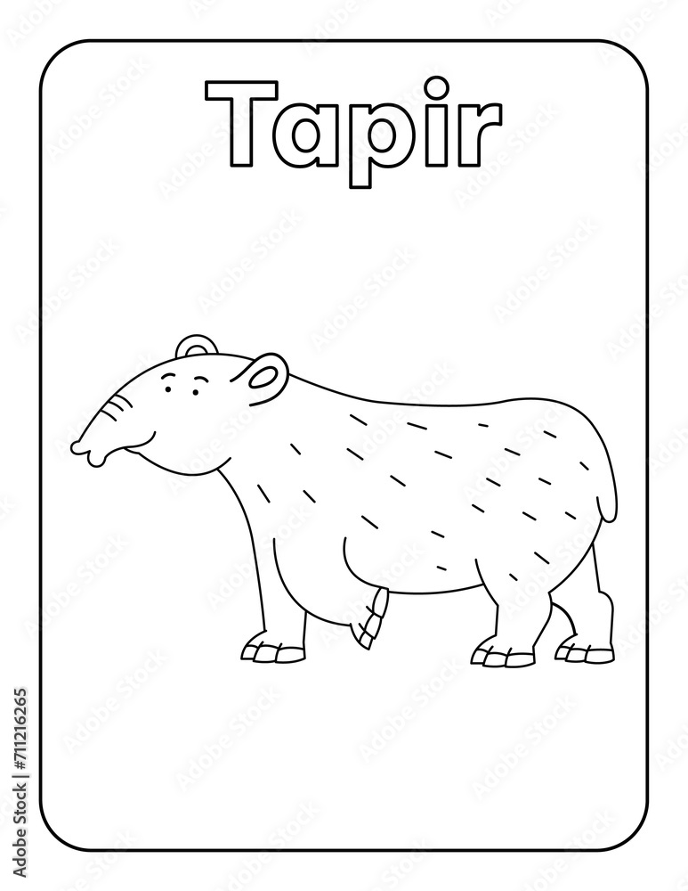 Coloring Page for Kids Coloring book Cute Cartoon Tapir Jungle Animals ...