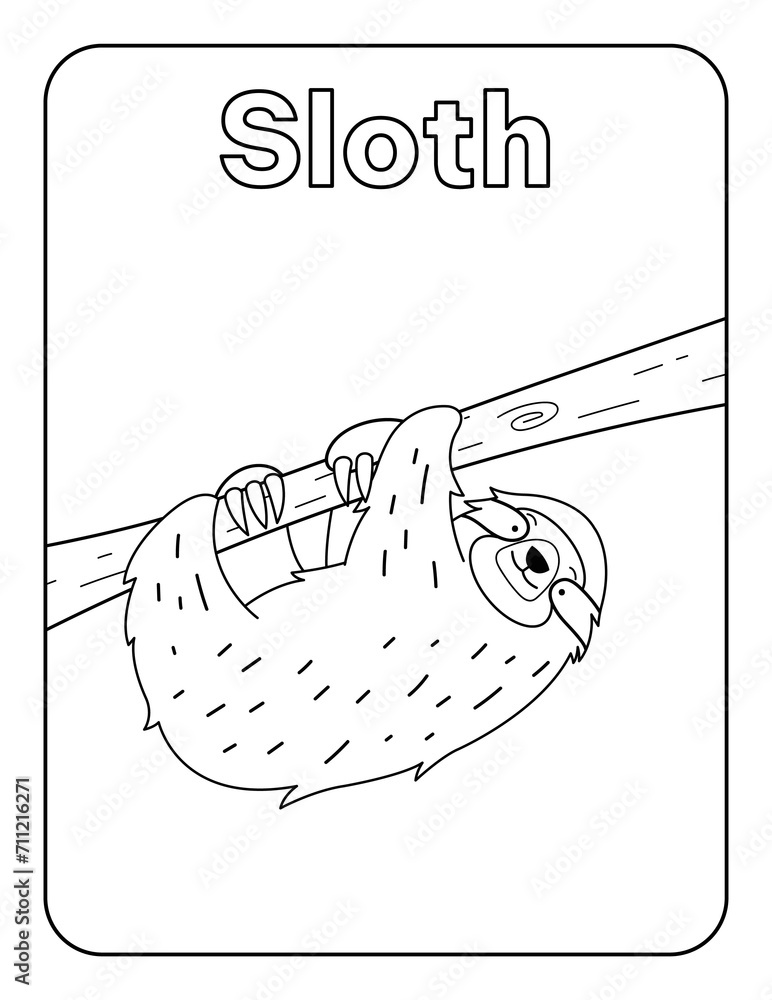 Coloring Page for Kids Coloring book Cute Cartoon Sloth Jungle Animals ...