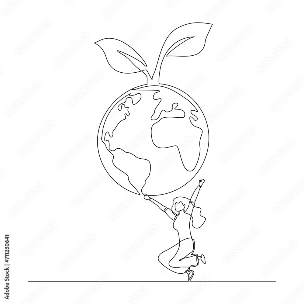 Continuous single line sketch drawing of happy woman holding earth ...
