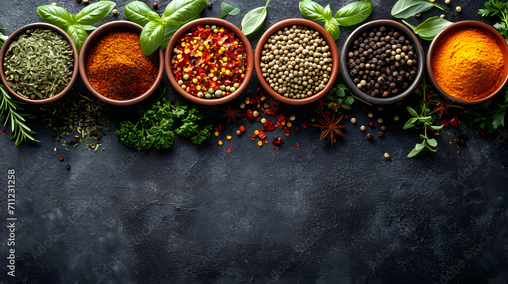 Spices and herbs on dark textured background, Different seasonings in ...