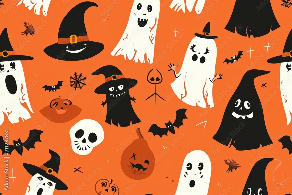 Cute ghosts with various hats and different costumes on an orange ...