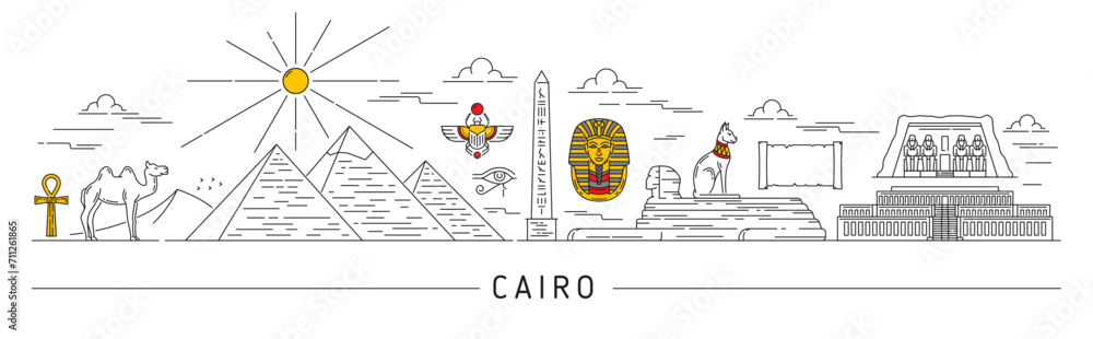 Egypt silhouette, Cairo and other egyptian travel landmarks. Vector ...